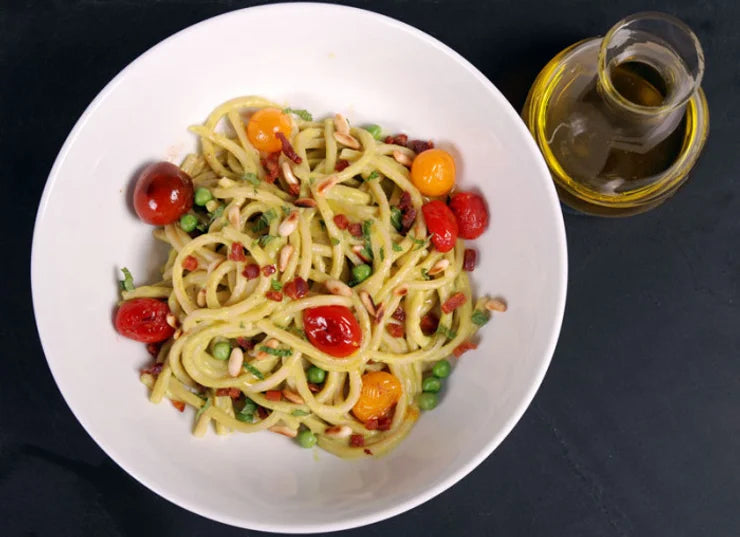 BUCATINI WITH FRESH PEA PESTO – The Classy Cruet